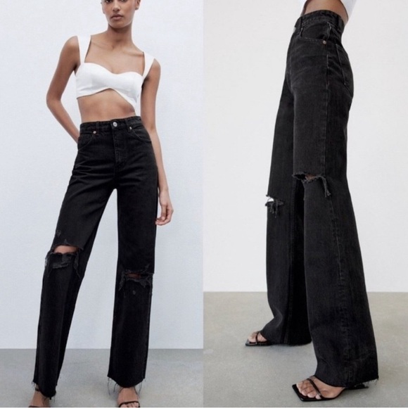 Zara | Jeans | Zara Distressed Split Wide Jeans Black Size | Poshmark